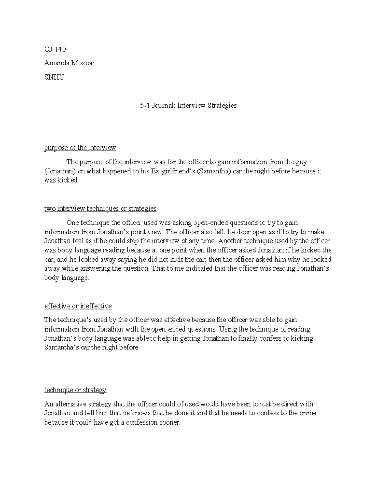 Interview strt - CJ- Amanda Mossor SNHU 5-1 Journal: Interview ...