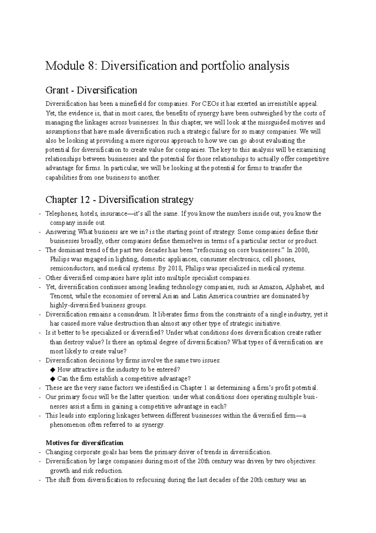 Module 8 Diversification and portfolio analysis - Module 8 ...