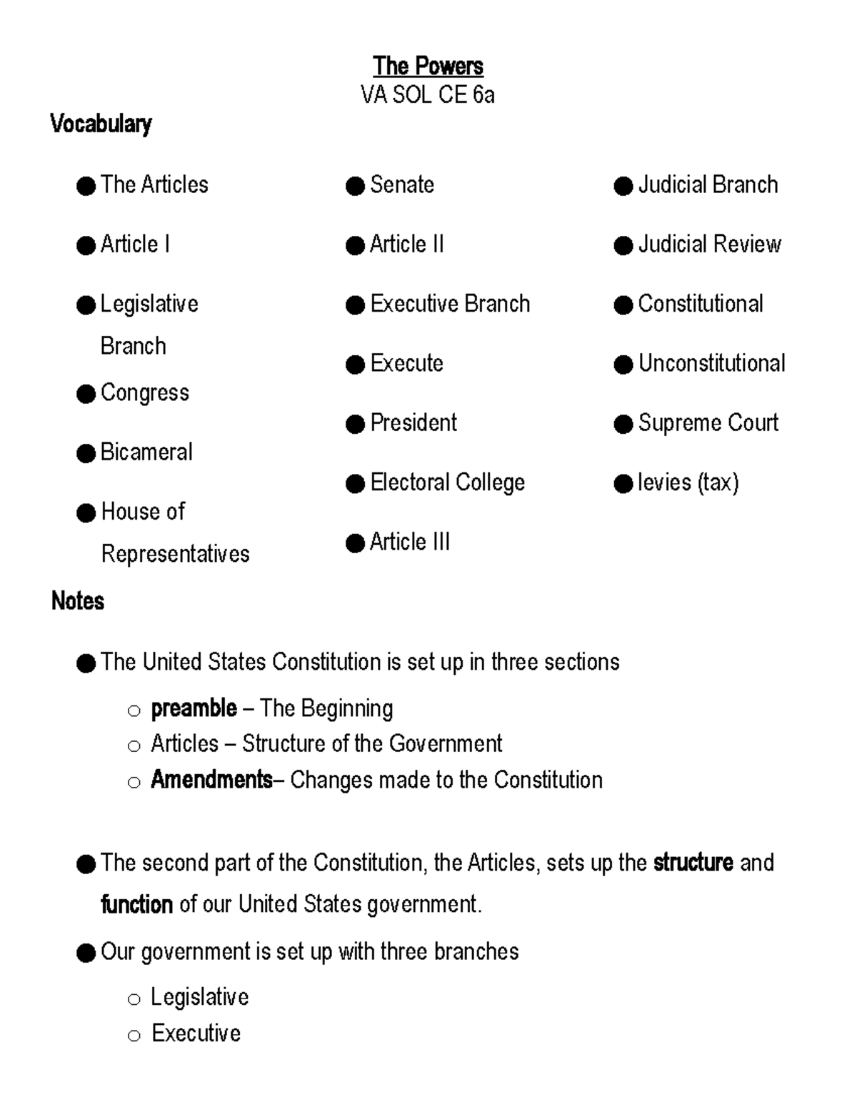 the powers notes - VA SOL CE 6a Vocabulary The Articles Article I ...