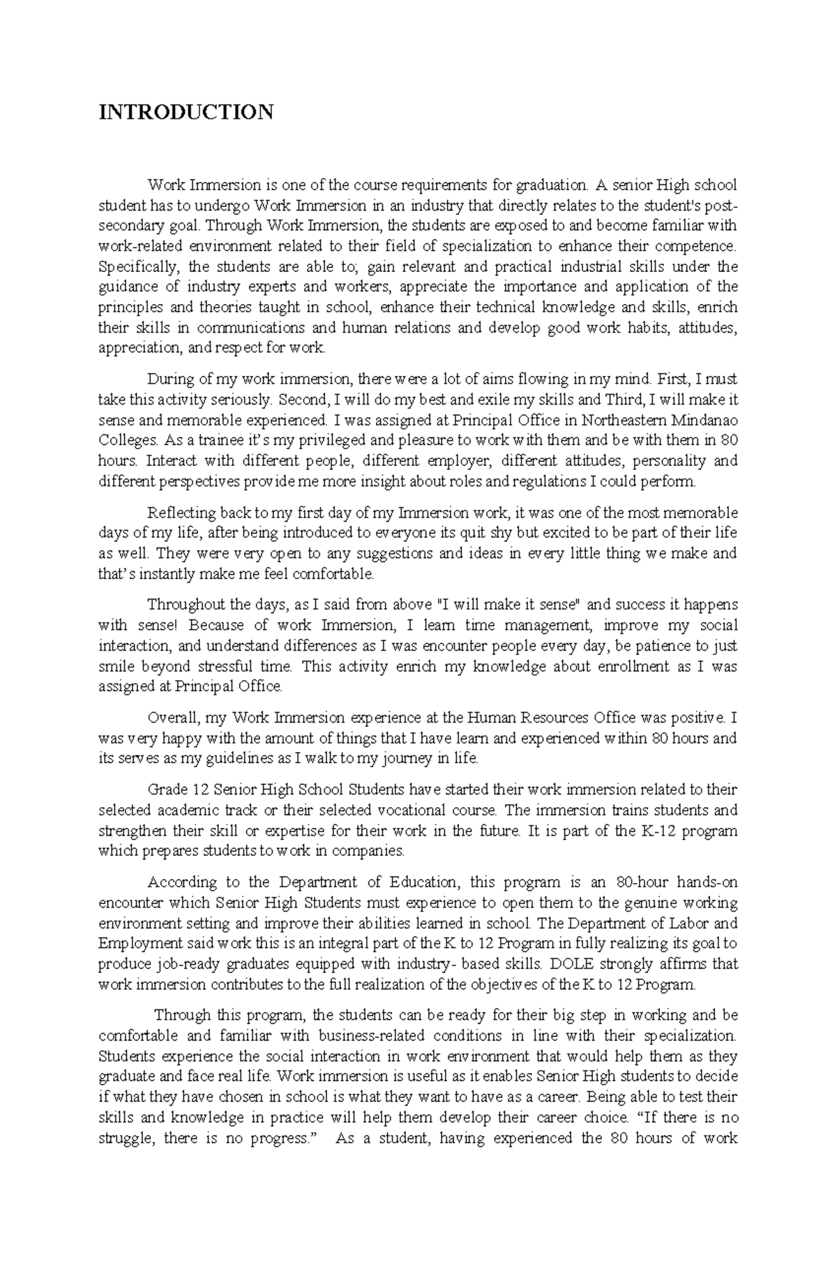 401292133-Work-Immersion - INTRODUCTION Work Immersion is one of the course requirements for ...