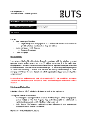 Tutorial 6 notes - Real Property 70317 Tutorial Worksheet – problem ...