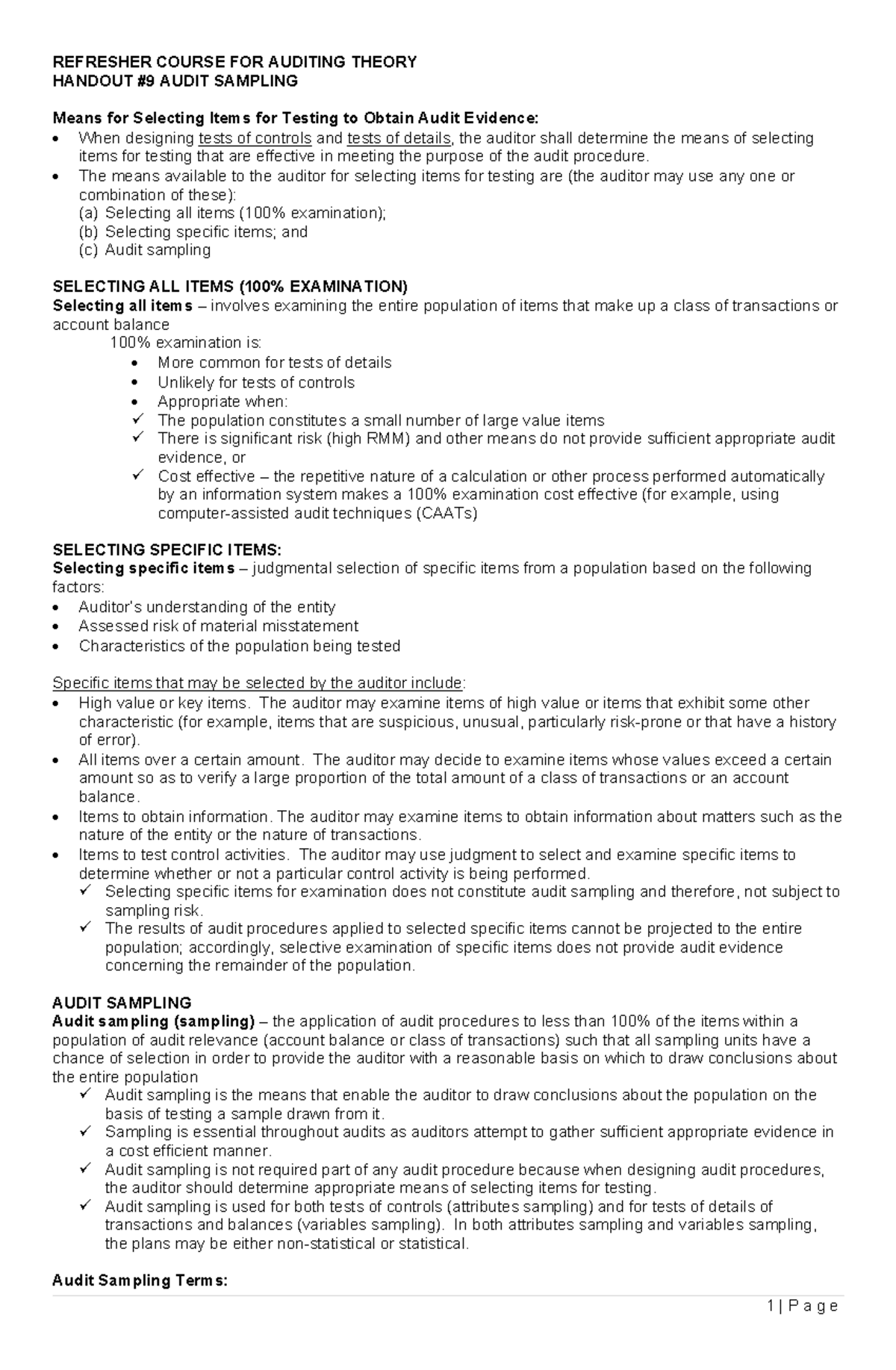 Handout #9 Audit Sampling - HANDOUT #9 AUDIT SAMPLING Means for ...