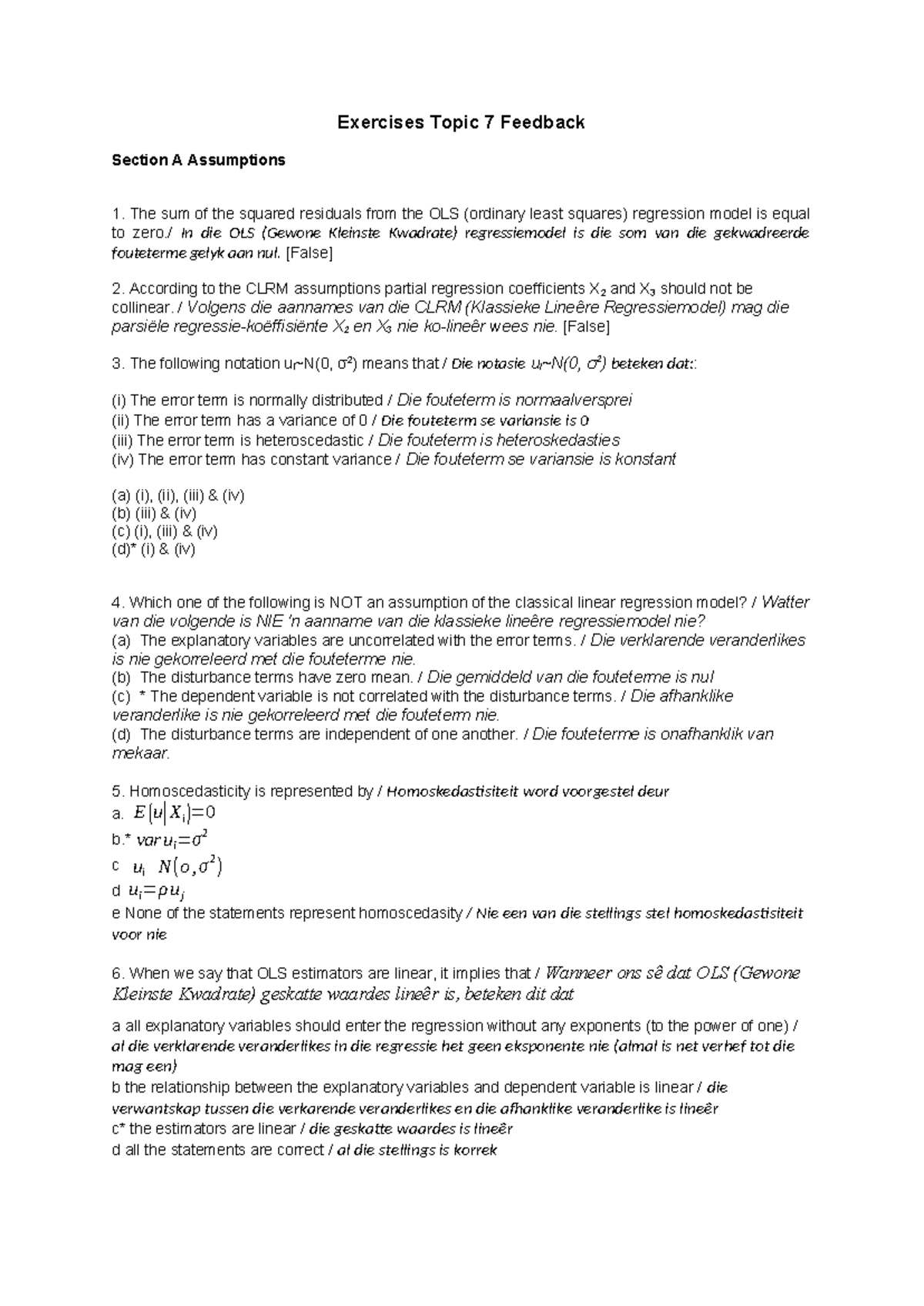 Exercises Topic 7 Feedback Bil - Exercises Topic 7 Feedback Section A Assumptions 1. The sum of ...