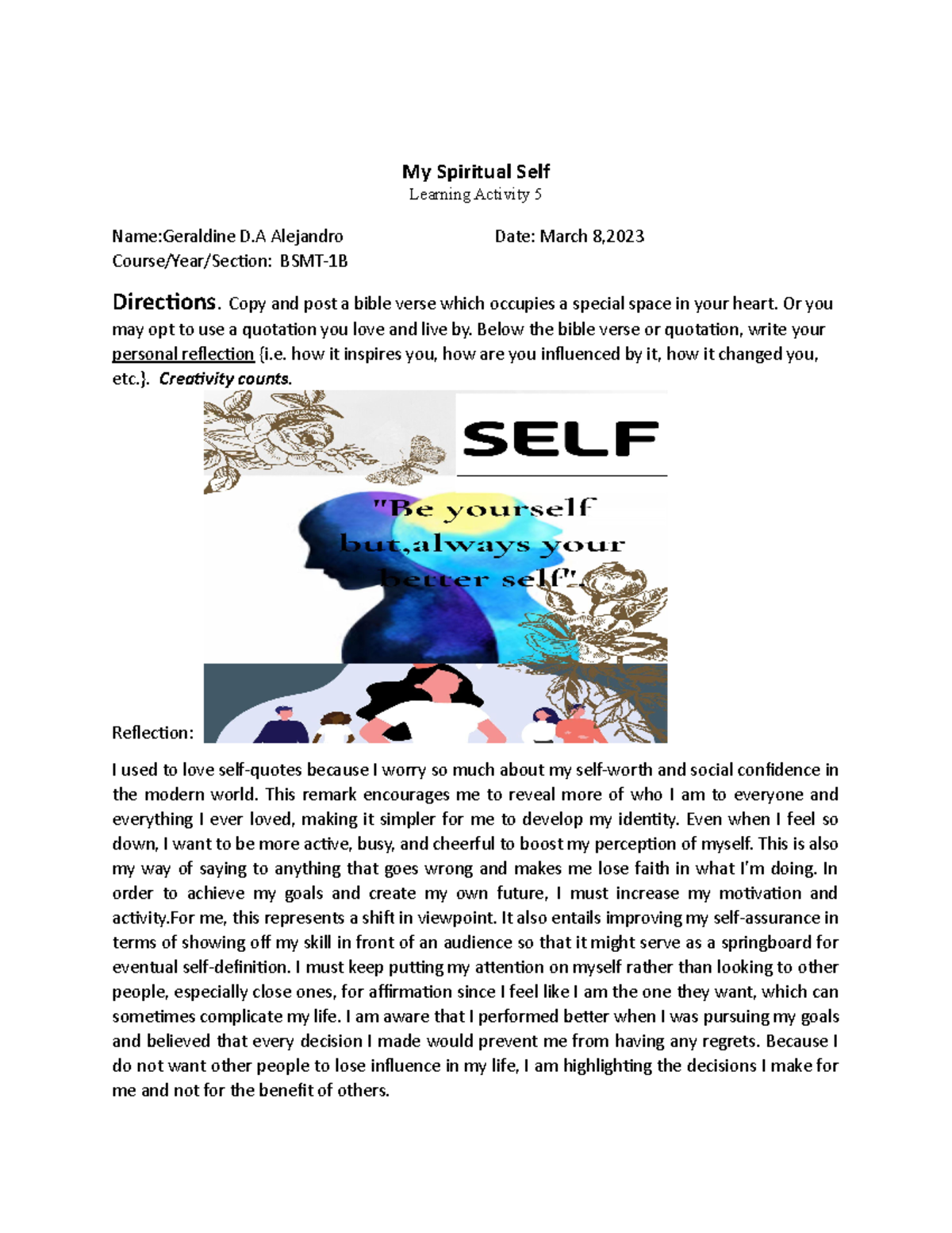 My Spiritual Self - My Spiritual Self Learning Activity 5 Name ...