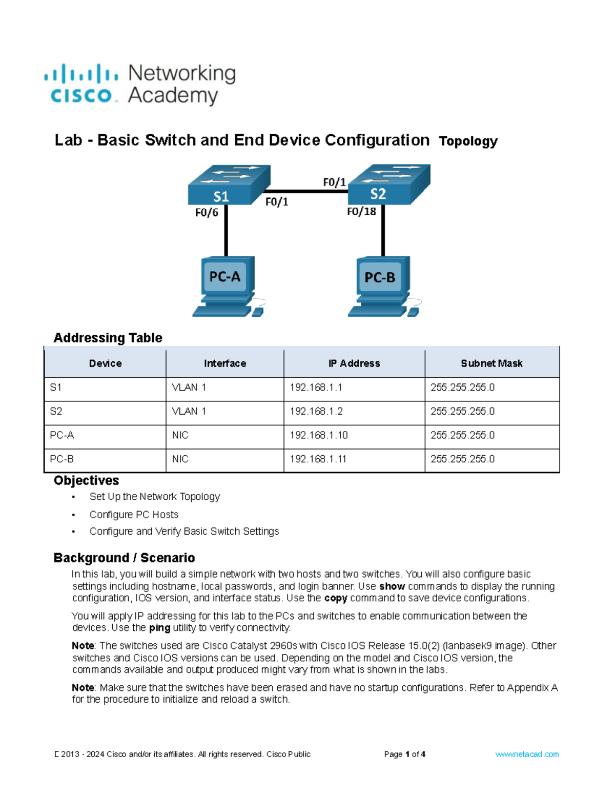 2.9.2 Lab - Lab 2.9.2 - Lab - Basic Switch and End Device Configuration Topology Addressing ...
