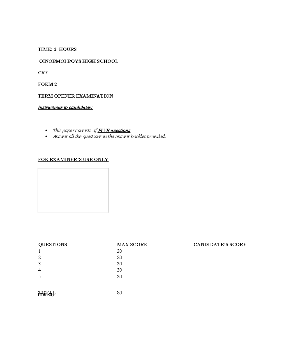 Cre form 2 - form two questions - TIME: 2 HOURS OINOBMOI BOYS HIGH ...
