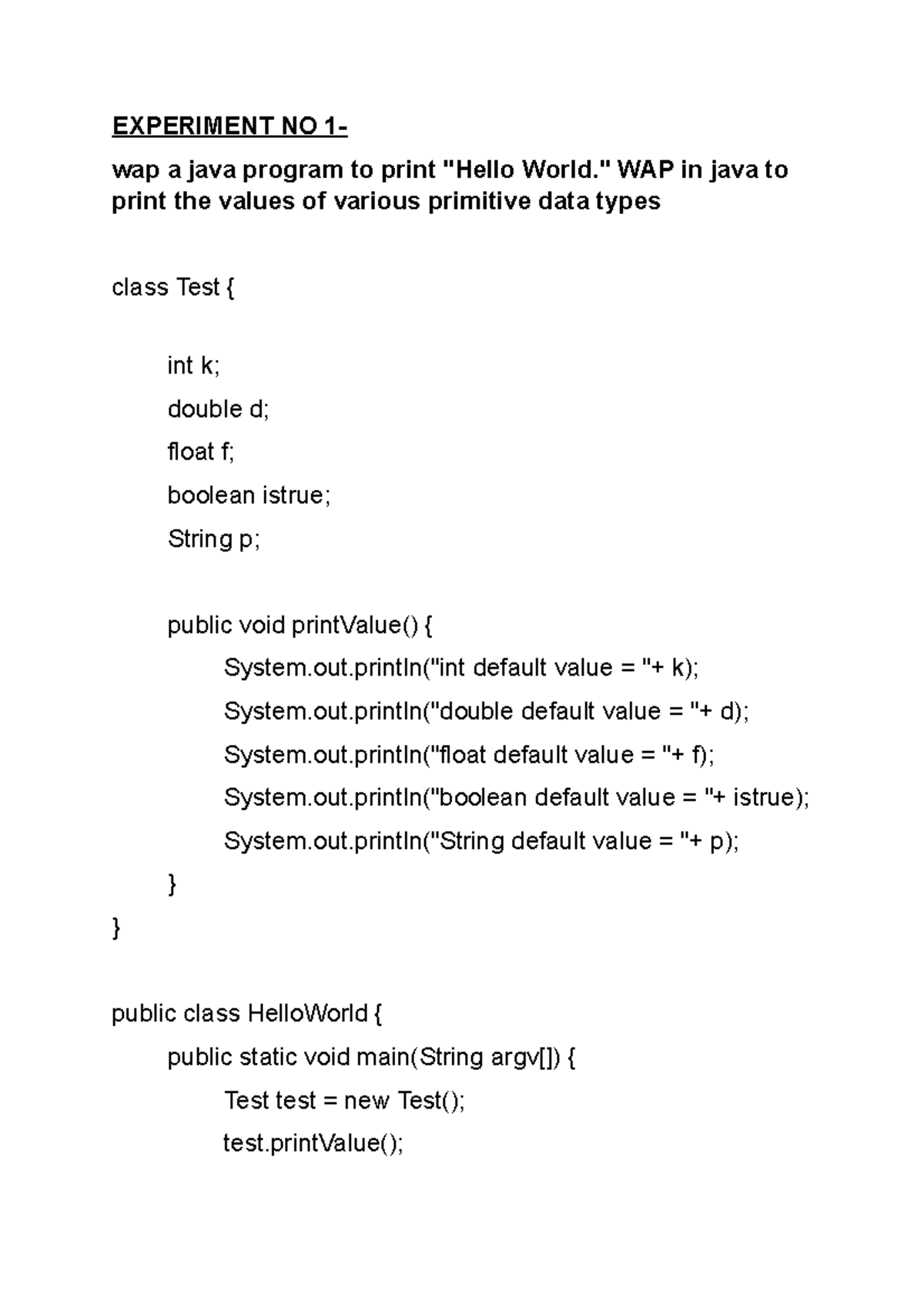 Java Programming Assinment Lab File EXPERIMENT NO 1 Wap A Java