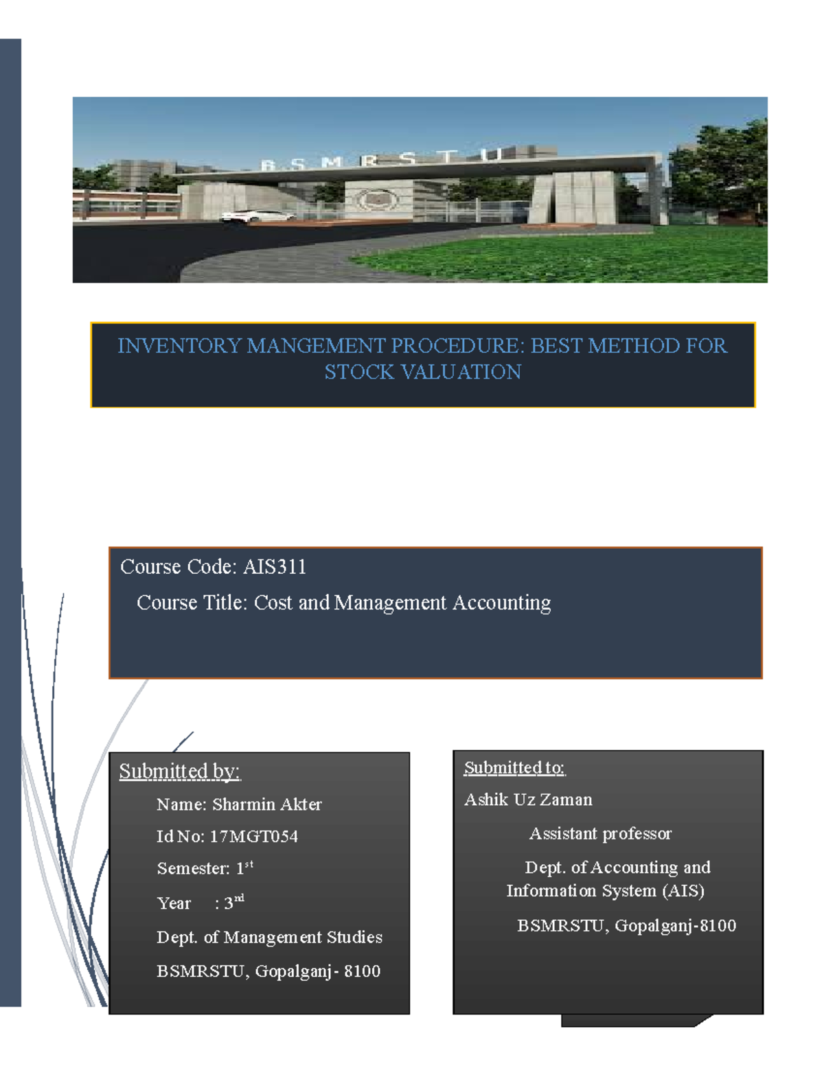 17mgt54Sharmin-Akter[ 108] - Course Code: AIS Course Title: Cost and ...