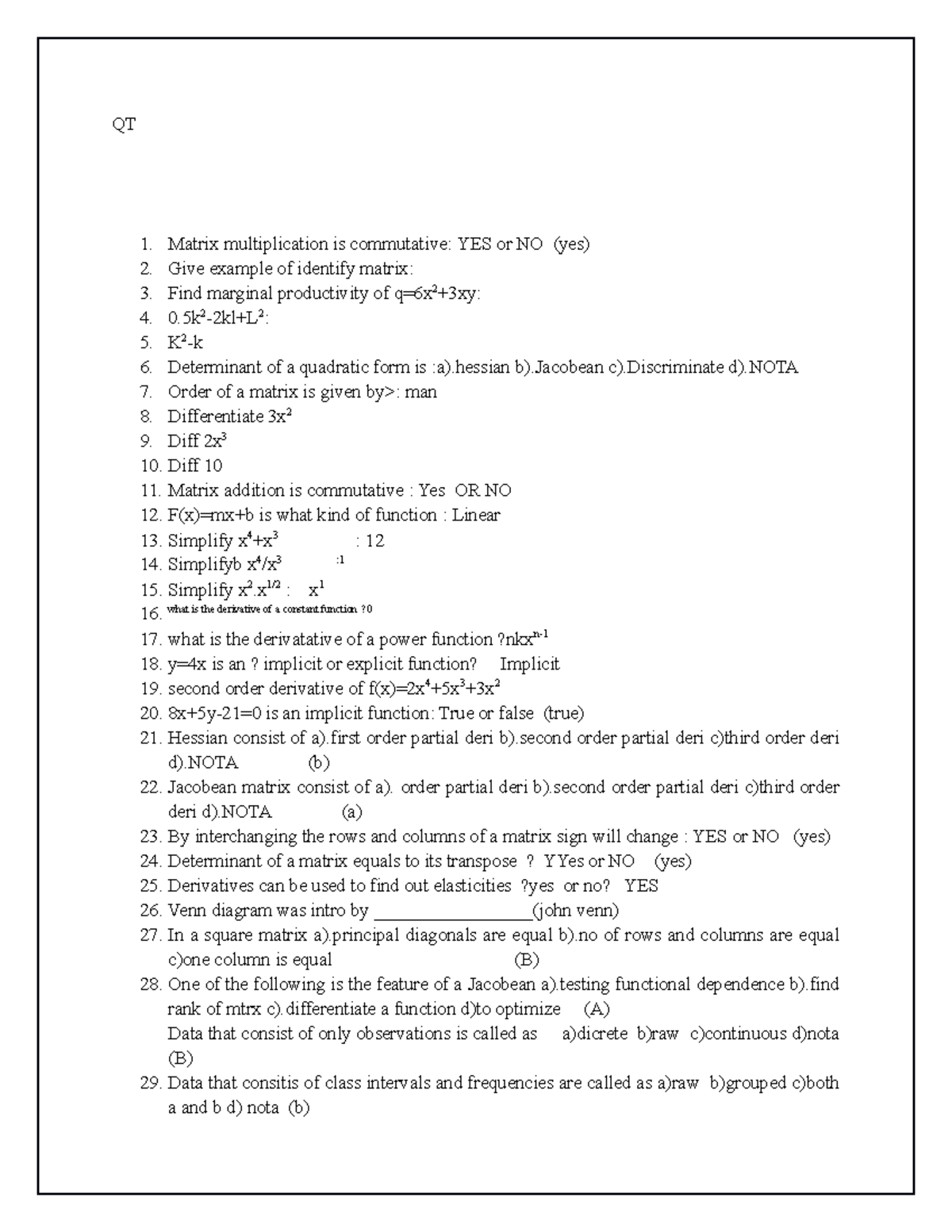1st sem Q - Practicing various questions and answers of quantitative techniques - QT 1. Matrix ...