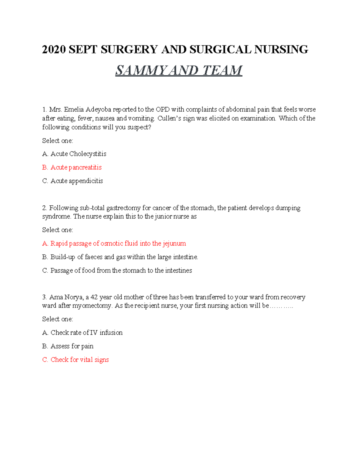 September 202 Surgery - Past Questions - 2020 SEPT SURGERY AND SURGICAL ...