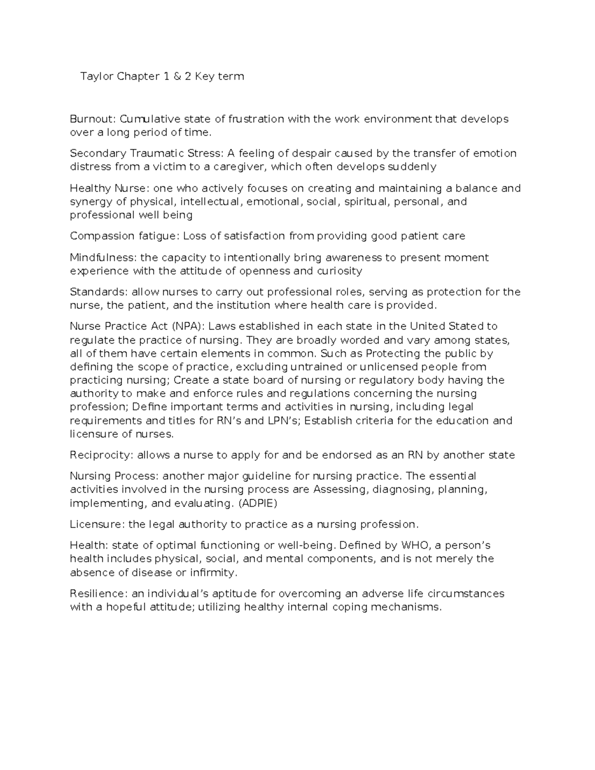 N2 Ron - NOtes - Taylor Chapter 1 & 2 Key term Burnout: Cumulative ...