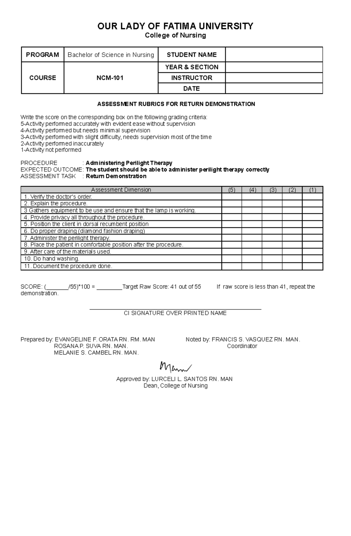 Rubric-Perilight-Therapy - OUR LADY OF FATIMA UNIVERSITY College of ...