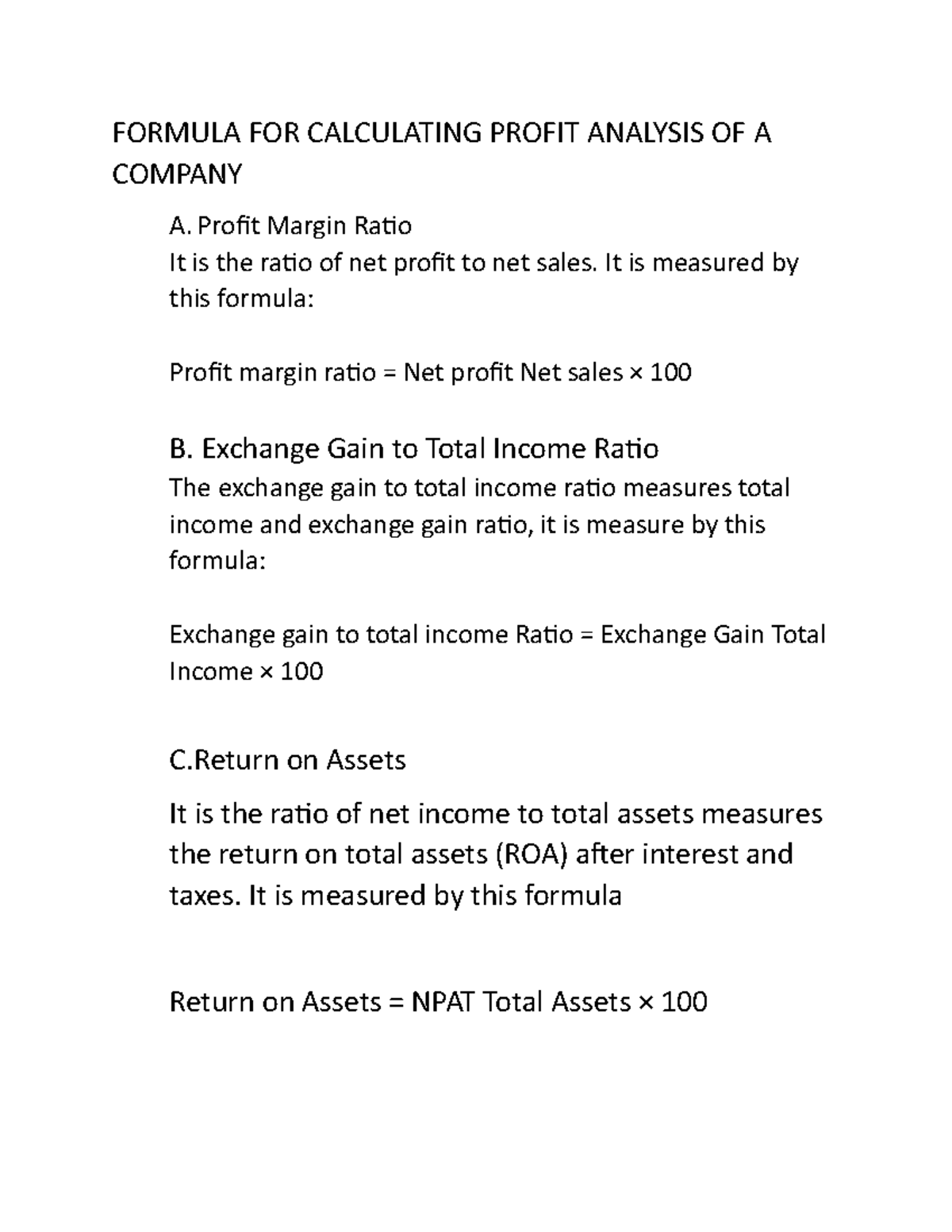 Formula FOR Calculating Profit Analysis OF A Company FORMULA FOR