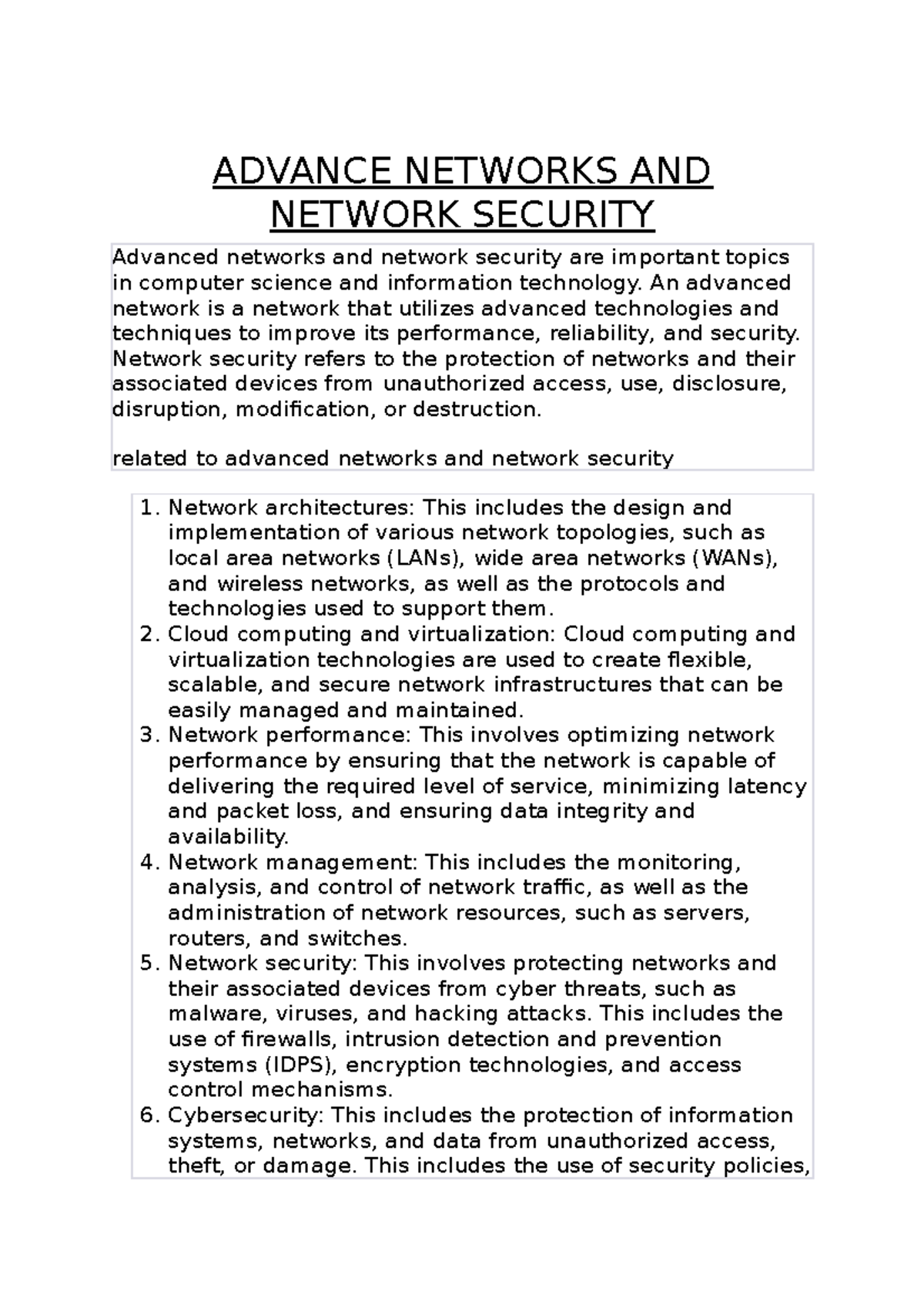 Advance Networks AND Network Security - ADVANCE NETWORKS AND NETWORK ...