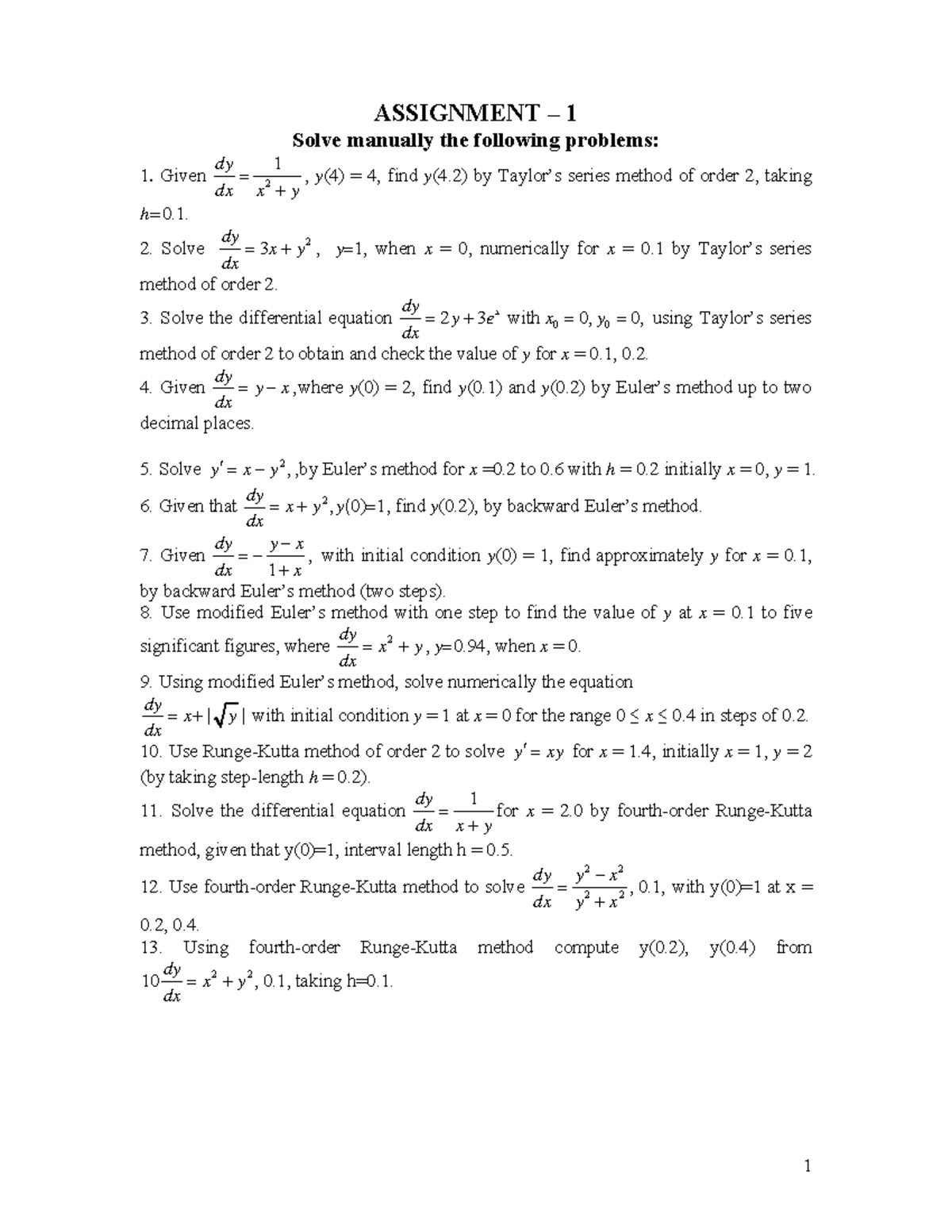 NSDE-Assignment -with programming 1 - 1 ASSIGNMENT – 1 Solve manually ...