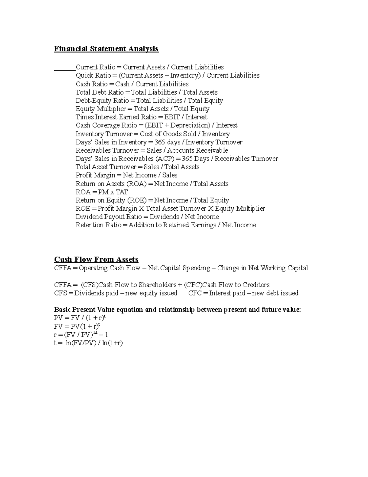 Formula Sheet Exam #1 - Financial Statement Analysis Current Ratio ...