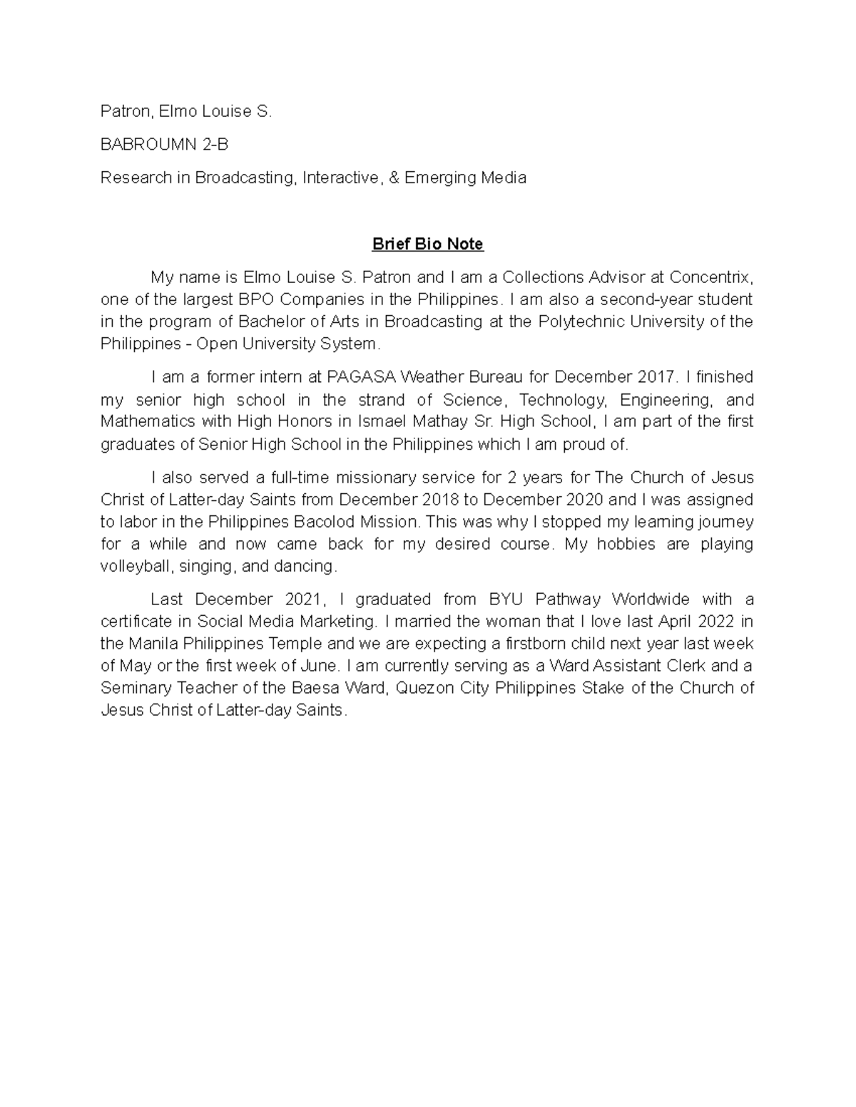 Brief Bio Note Elmo Louise Patron - Patron, Elmo Louise S. BABROUMN 2-B ...