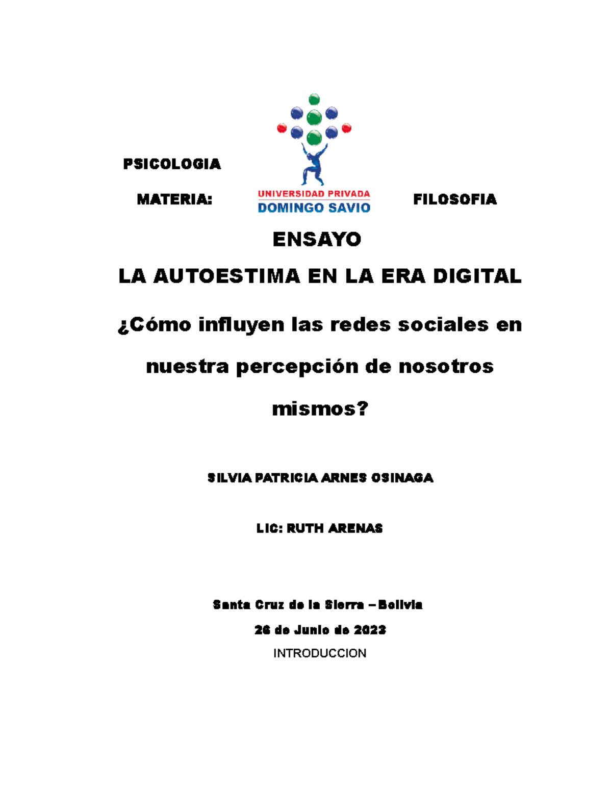EL Autoestima EN LA ERA Digital - PSICOLOGIA MATERIA: FILOSOFIA ENSAYO ...