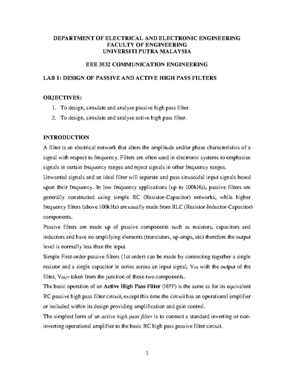 Lab 1 Analog Filters - 1 DEPARTMENT OF ELECTRICAL AND ELECTRONIC ENGINEERING FACULTY OF ...