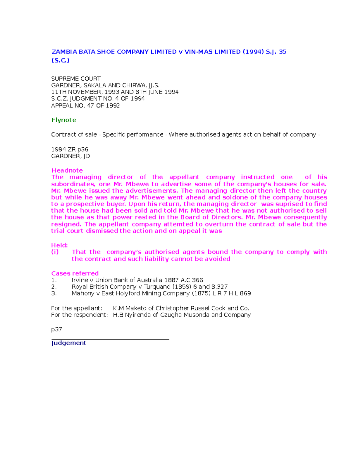 Zambia Bata Shoe Company Limited v Vin Mas Limited (SCZ Judgment 4 of ...