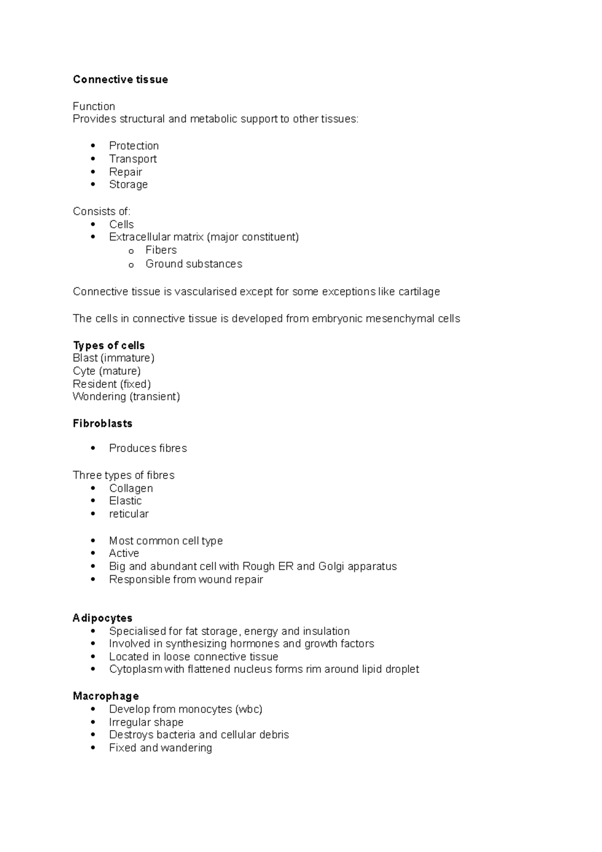 Connective tissue - Lecture notes 3 - Connective tissue Function ...