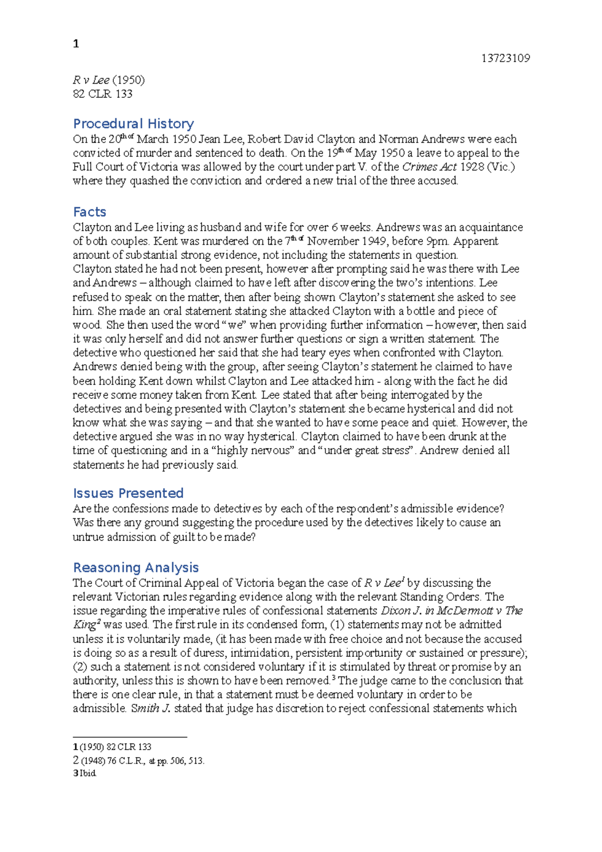 Case Note R v Lee - Case note on R v LEE - 1 13723109 R v Lee (1950) 82 ...