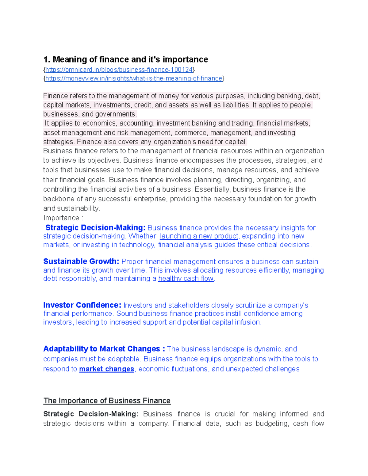 Business Finance - 1. Meaning of finance and it's importance - Studocu