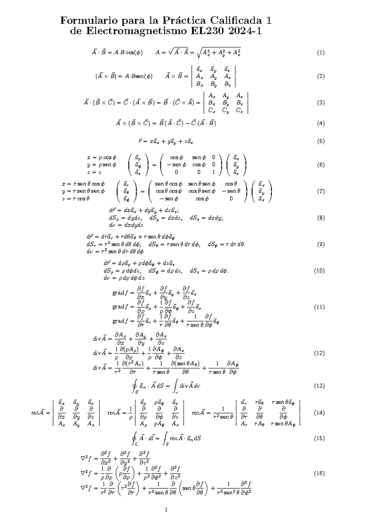 Formulario PC1 2024-1 - Electromagnetismo - Formulario para la Pr ́actica Calificada 1 de - Studocu