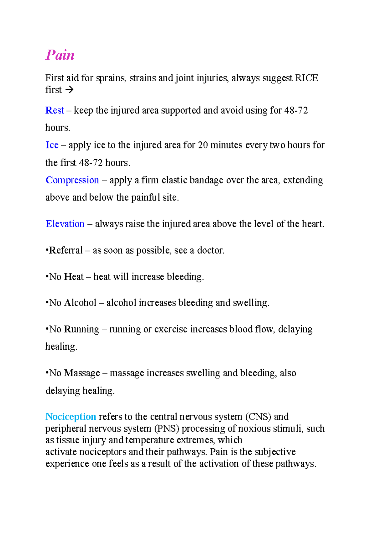 1821 cheat sheet - Pain First aid for sprains, strains and joint ...