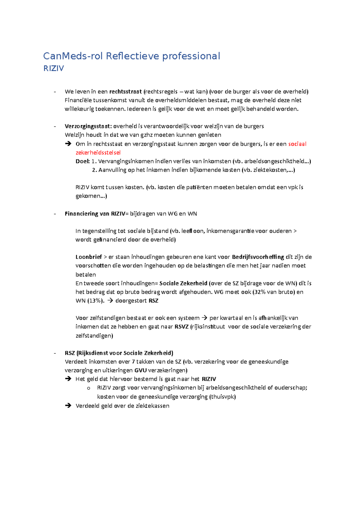 Riziv samenvatting - CanMeds-rol Reflectieve professional RIZIV - We ...