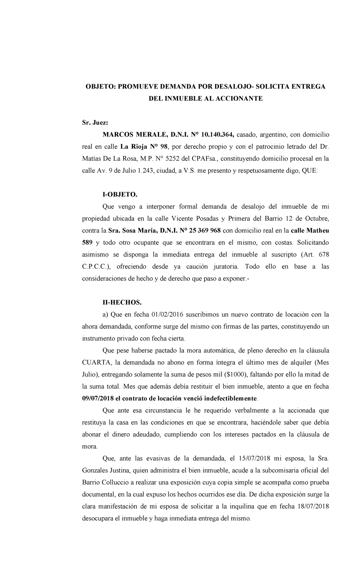 Scribd - DFADF - OBJETO: PROMUEVE DEMANDA POR DESALOJO- SOLICITA ...