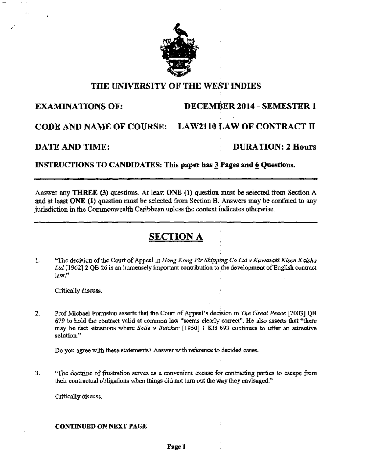 LAW21102014 10 - Past paper - Law of Contract II - UWI Mona - Studocu