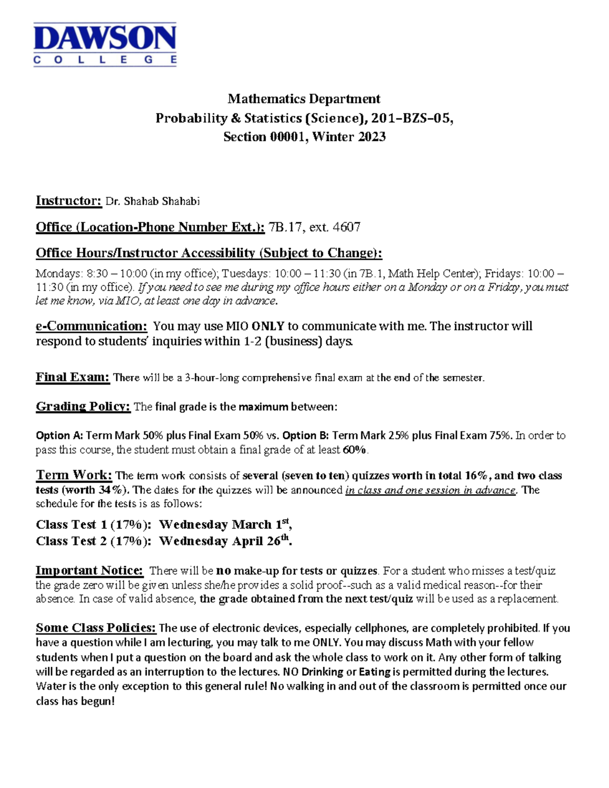 Course outline - table - Mathematics Department Probability ...