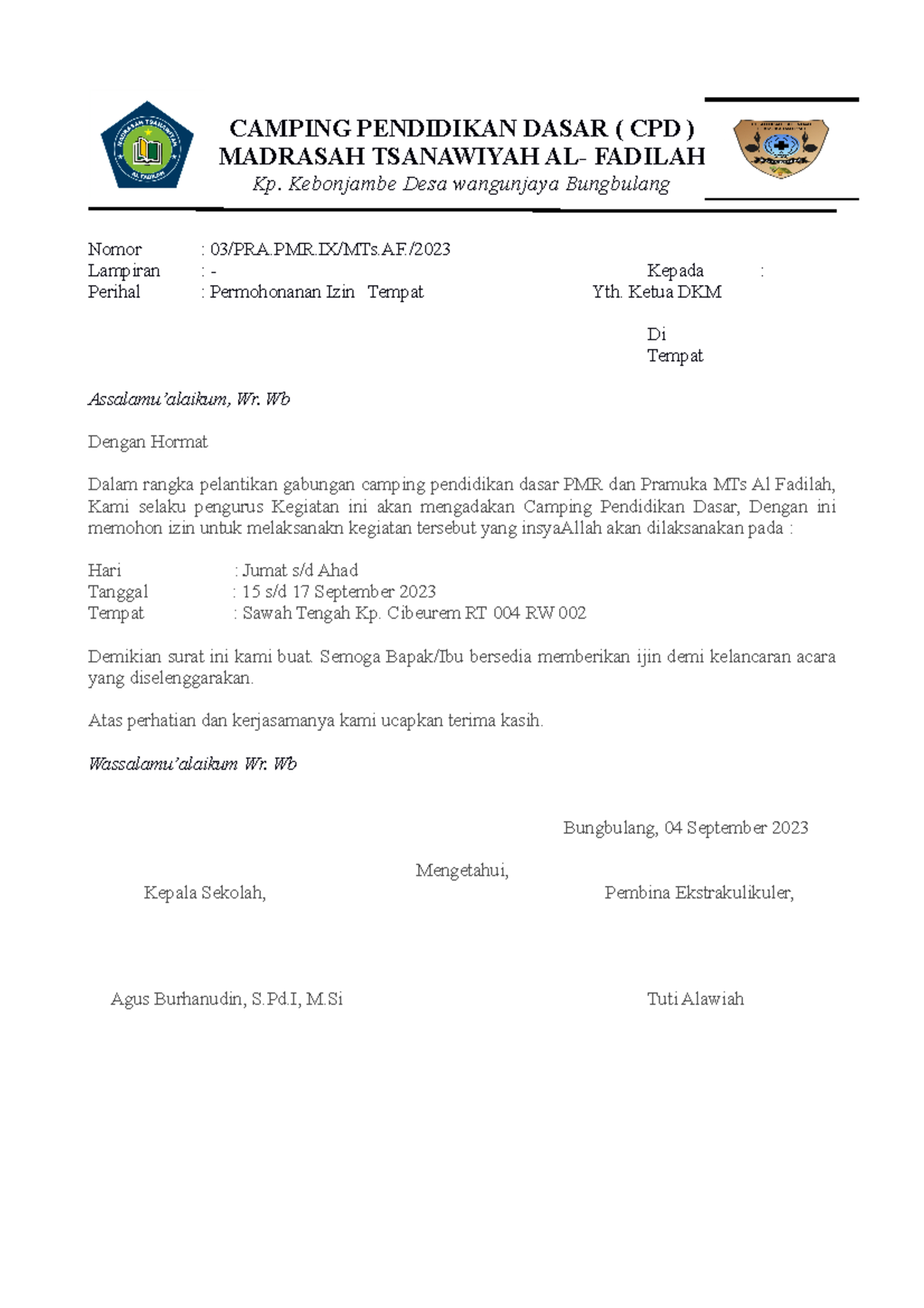Surat ijin tempat DKM - Atention - CAMPING PENDIDIKAN DASAR ( CPD ) MADRASAH TSANAWIYAH AL ...