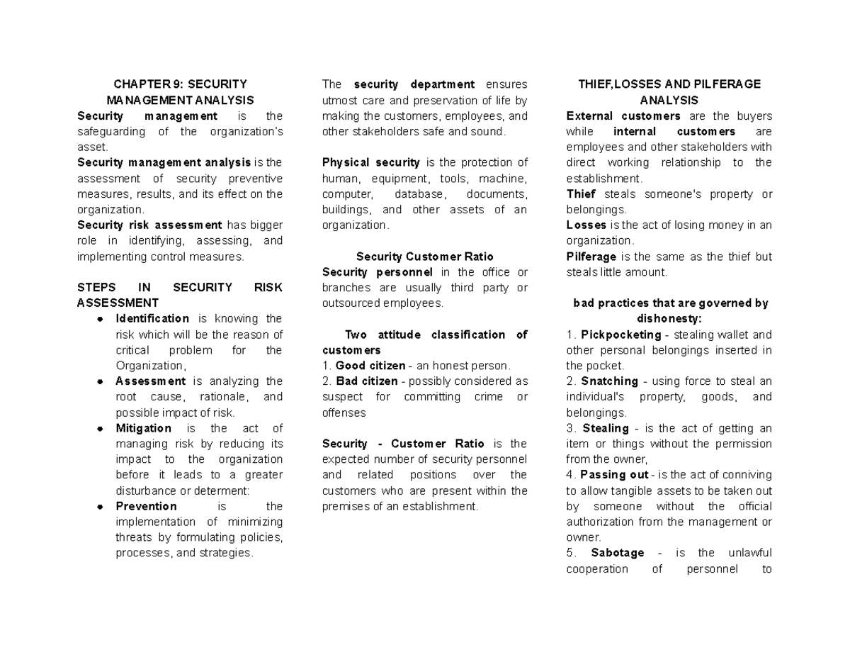 SBA- Reviewer - Review - CHAPTER 9: SECURITY MANAGEMENT ANALYSIS Security management is the ...