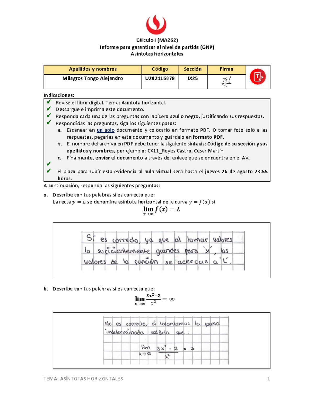 GNP1 - Desarrollo de GNP1 - TEMA: ASÍNTOTAS HORIZONTALES 1 Cálculo I ...
