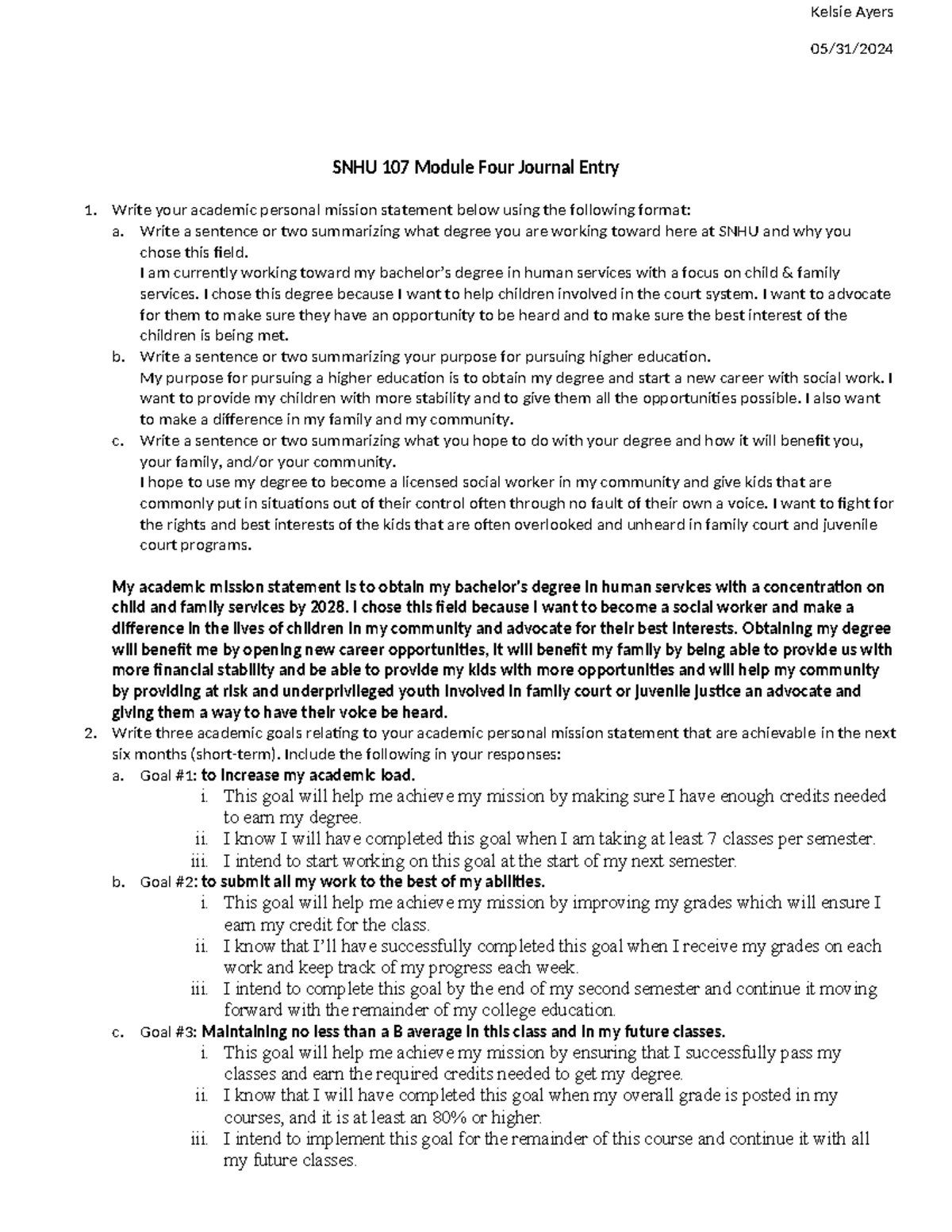 SNHU 107 4-2 Journal entry - Kelsie Ayers 05/31/ SNHU 107 Module Four ...