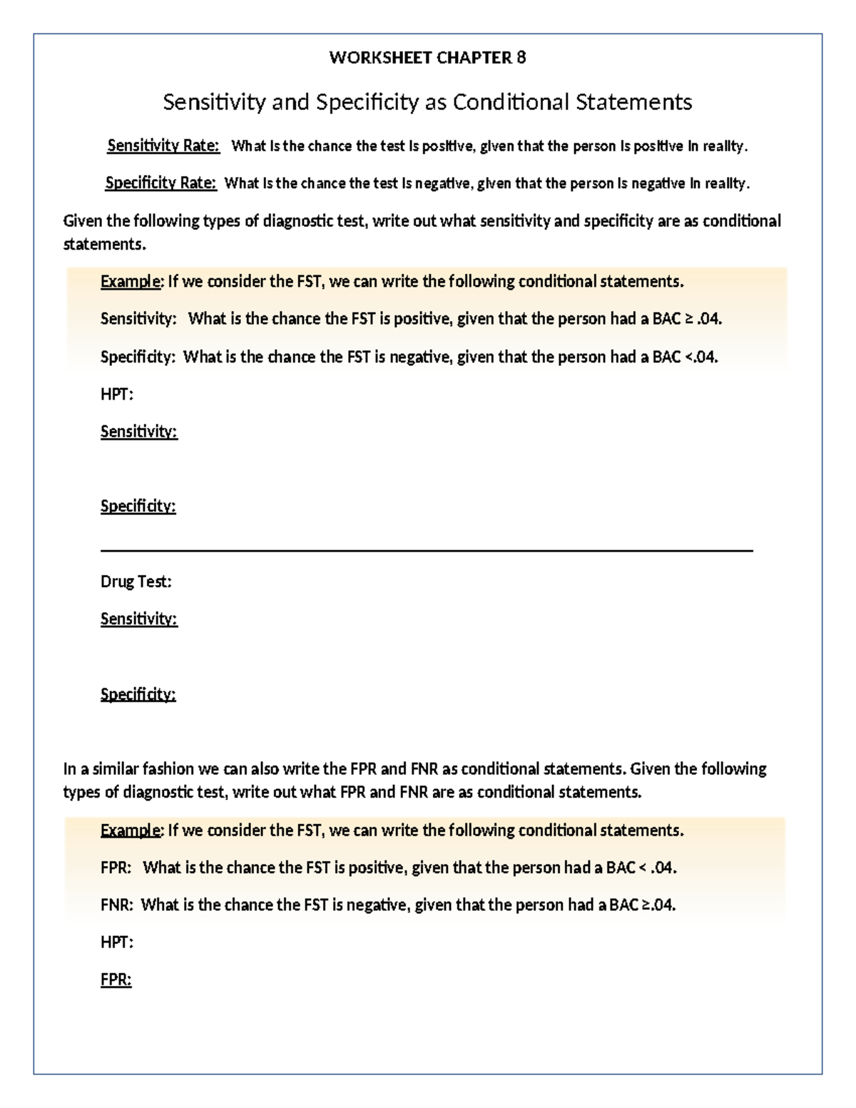 Chapter 8 Worksheet - Djdjskabsns - WORKSHEET CHAPTER 8 Sensitivity and Specificity as ...