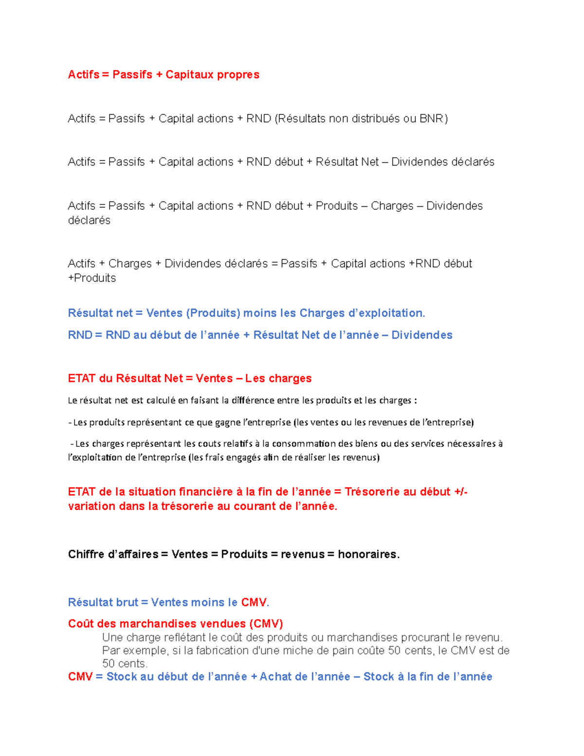 Equations - equation a faire - Actifs = Passifs + Capitaux propres ...