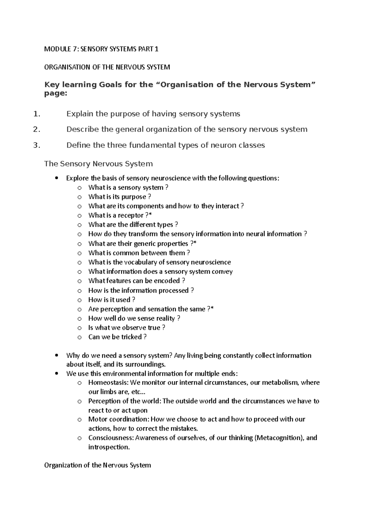 Module 7+8 - MODULE 7: SENSORY SYSTEMS PART 1 ORGANISATION OF THE ...