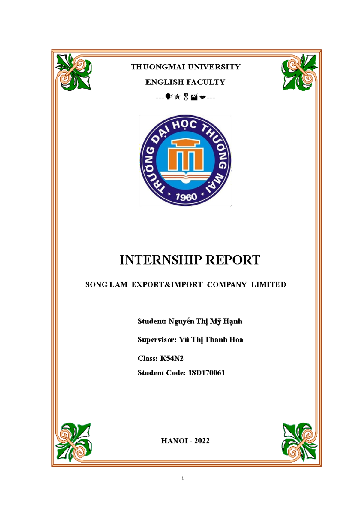 Nguyn-Th-M-Hnh- 18D170061 - i THUONGMAI UNIVERSITY ENGLISH FACULTY - - INTERNSHIP REPORT SONG ...