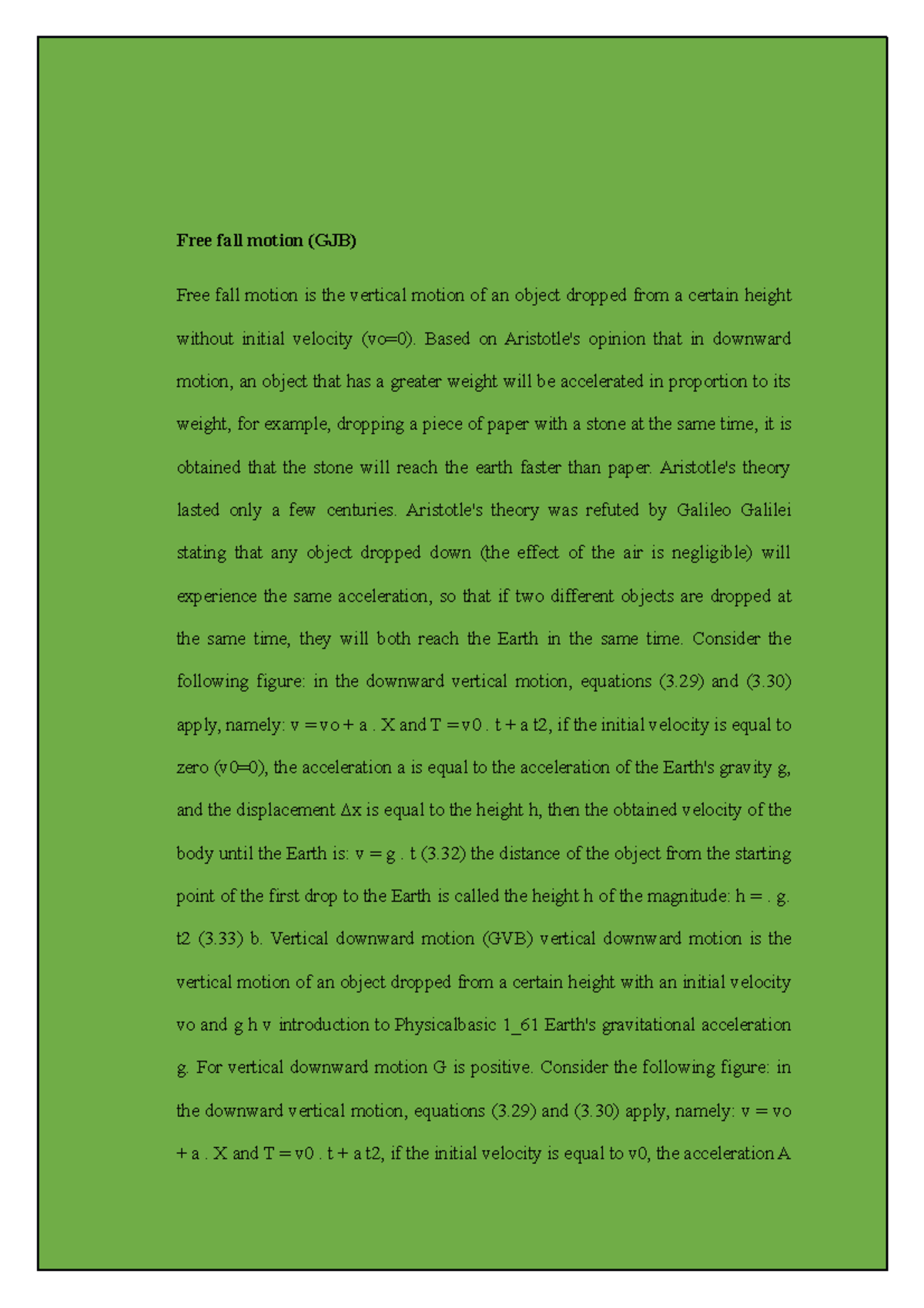 College Notes - Free fall motion (GJB) - Free fall motion (GJB) Free ...