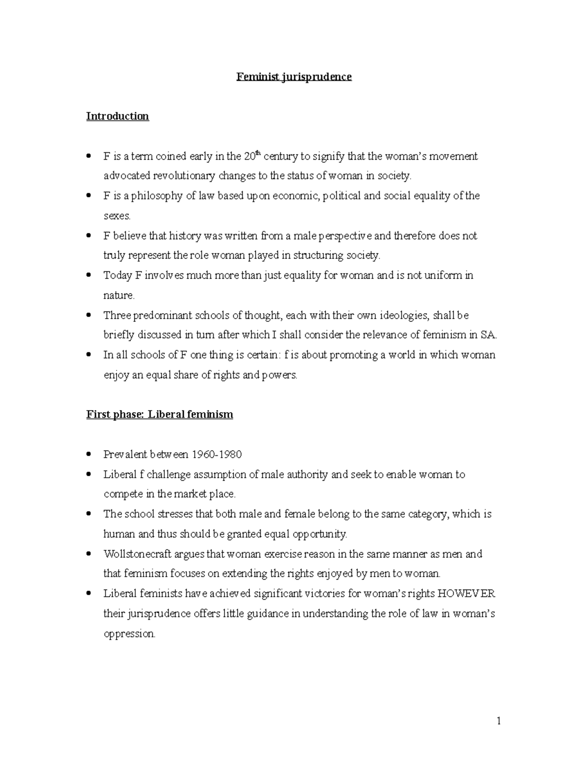 Feminist jurisprudence - Feminist jurisprudence Introduction F is a ...