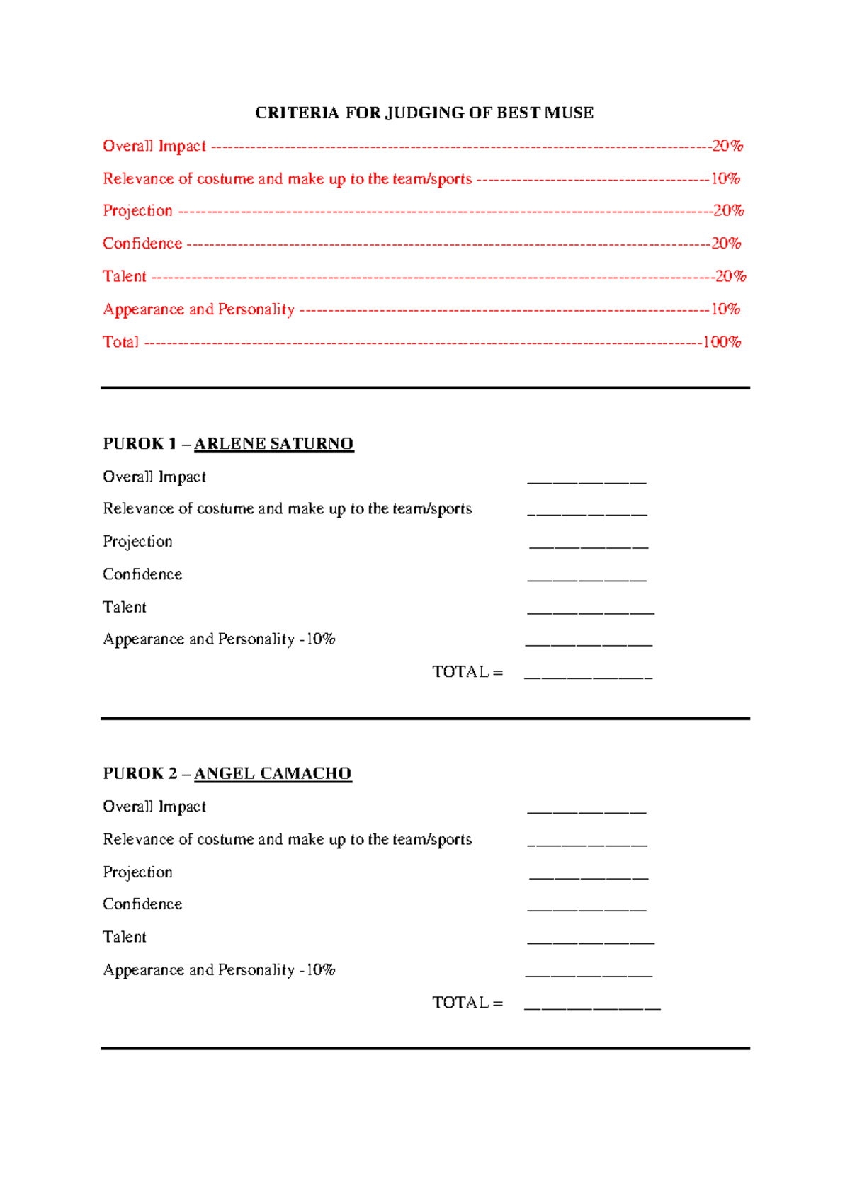 Criteria FOR Judging OF BEST MUSE - CRITERIA FOR JUDGING OF BEST MUSE ...