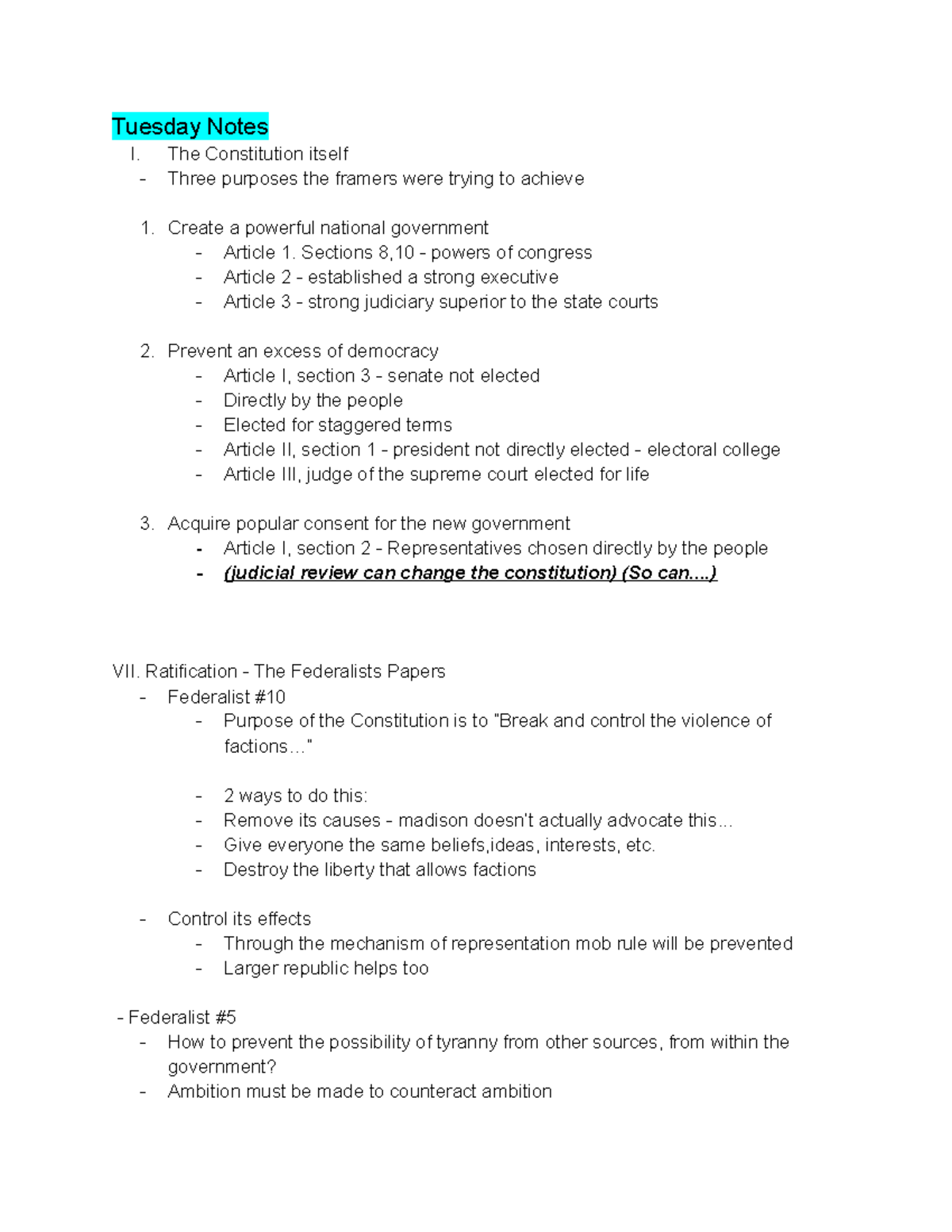 Week 3 Notes from lecture - Tuesday Notes I. The Constitution itself ...