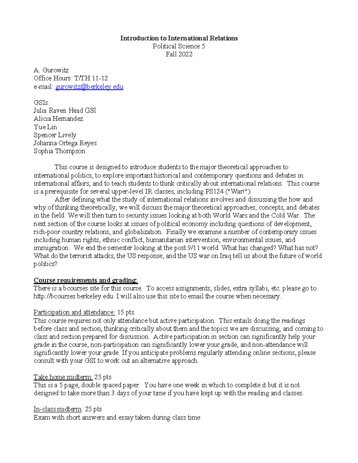 Syllabus for Introduction to IR - Introduction to International ...