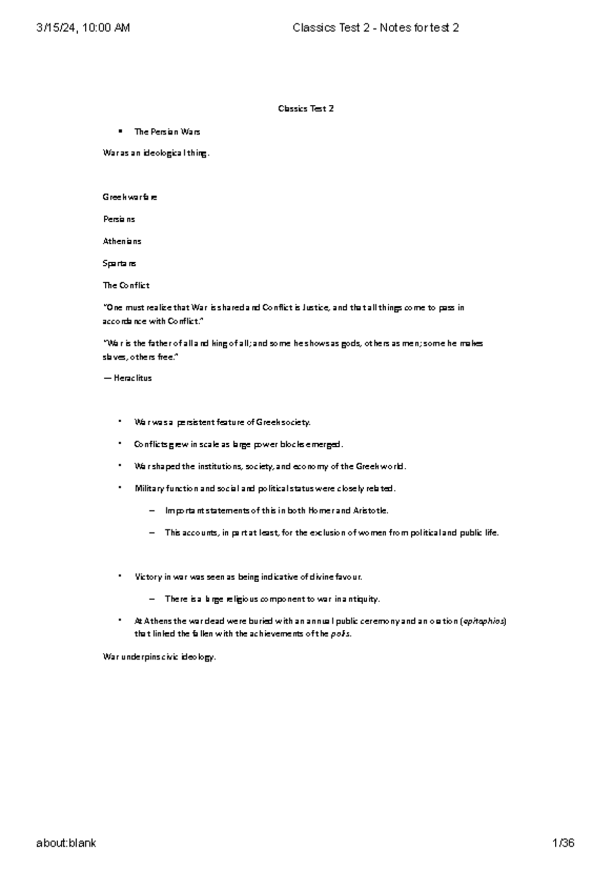 Classics Test 2 - Notes for test 2 - Classics Test 2 The Persian Wars ...