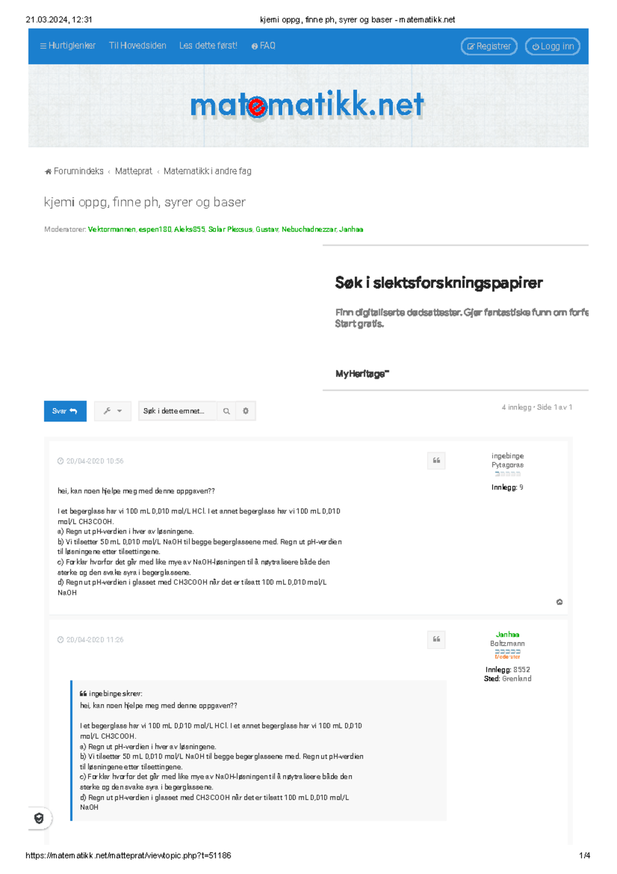 Kjemi oppg, finne ph, syrer og baser - matematikk - Forumindeks ...