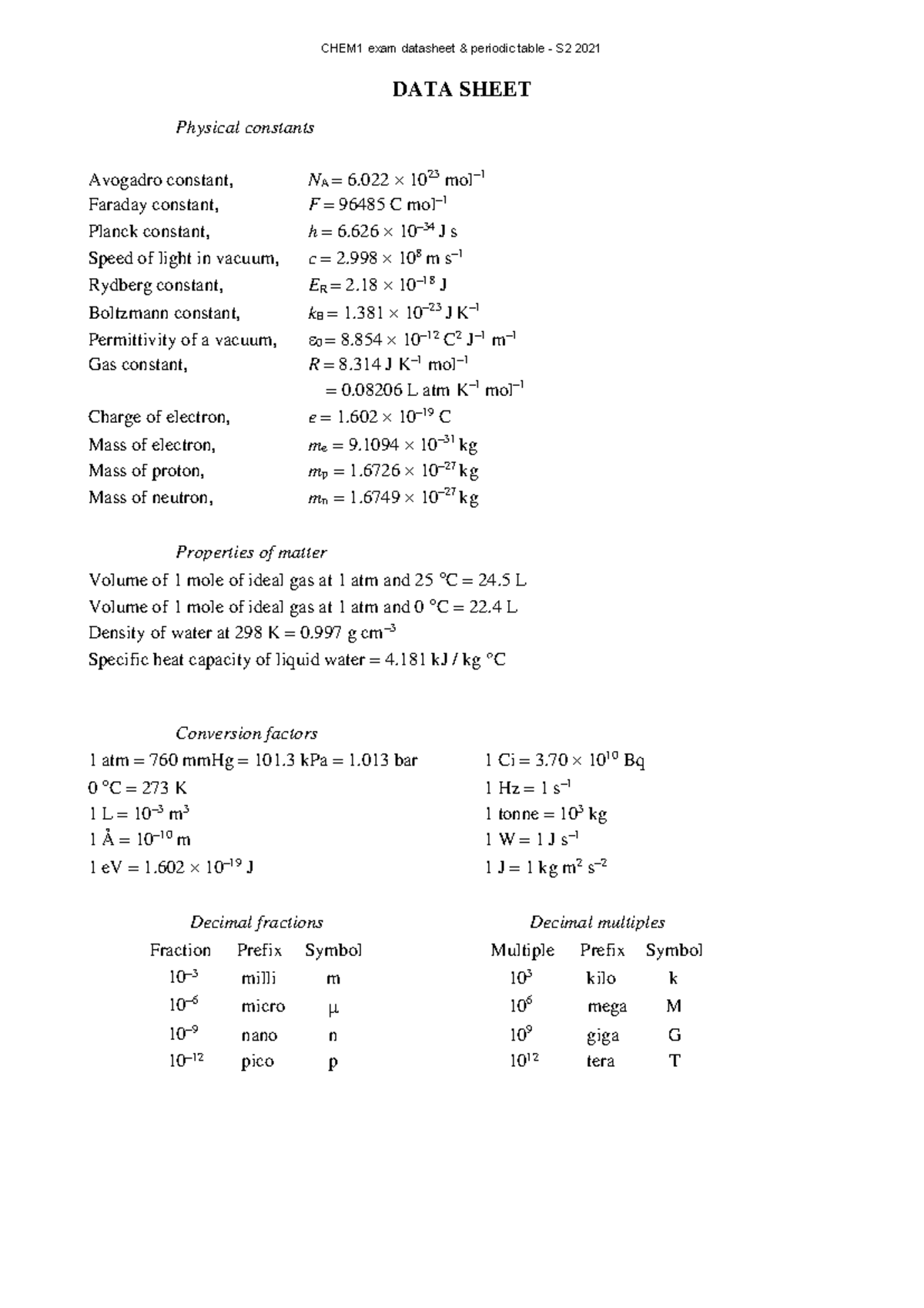 CHEM Datasheet - Fundamentals of Chemistry 1B - Physical constants DATA ...