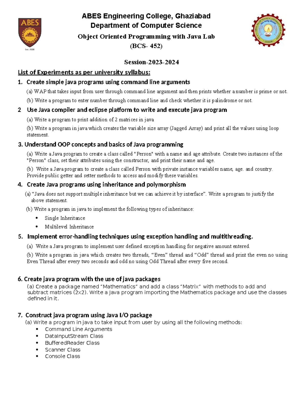 2023-24 OOPS with Java LAB practical List - ABES Engineering College ...